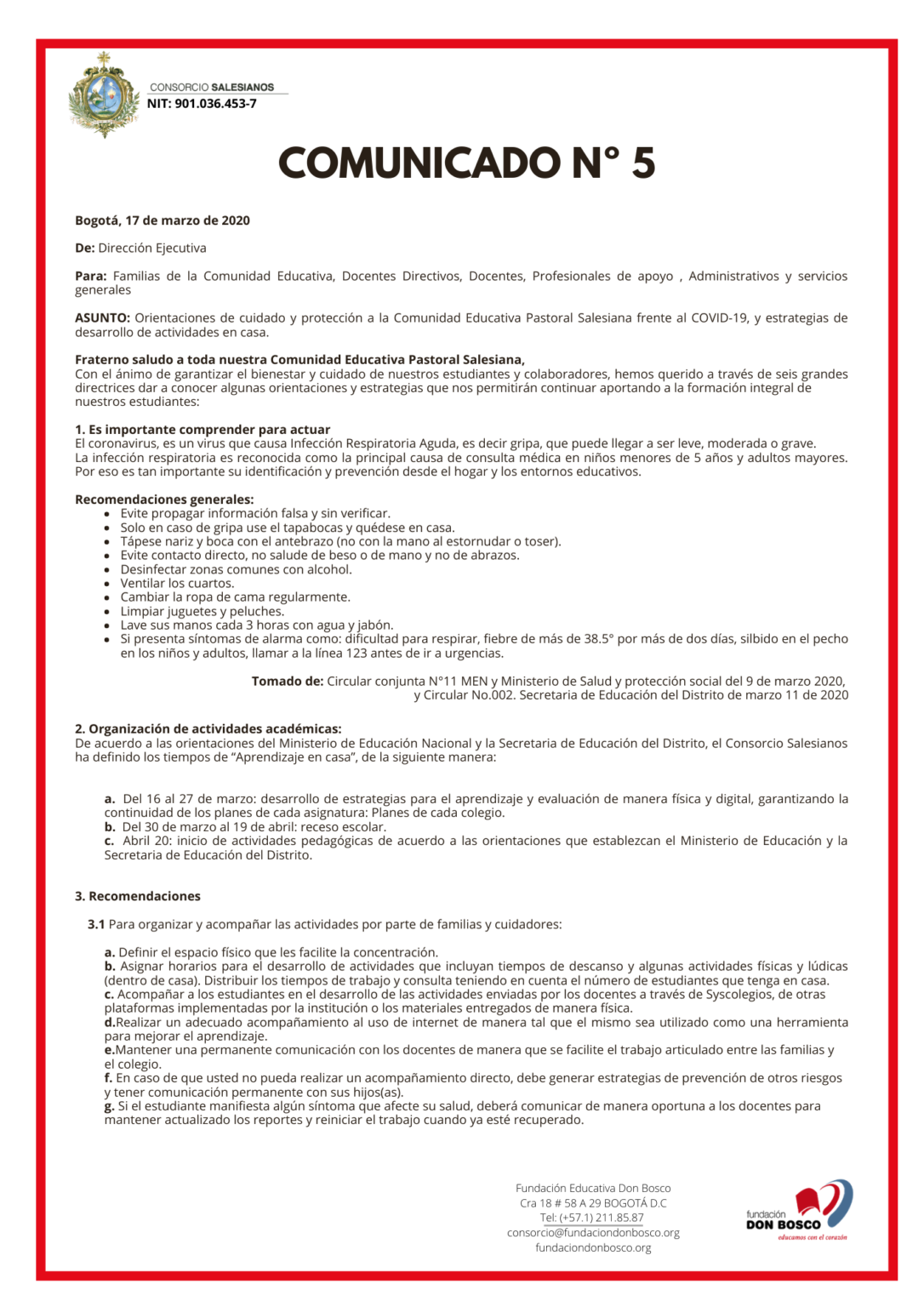 Comunicado Nº 5 – Fundación Educativa Don Bosco